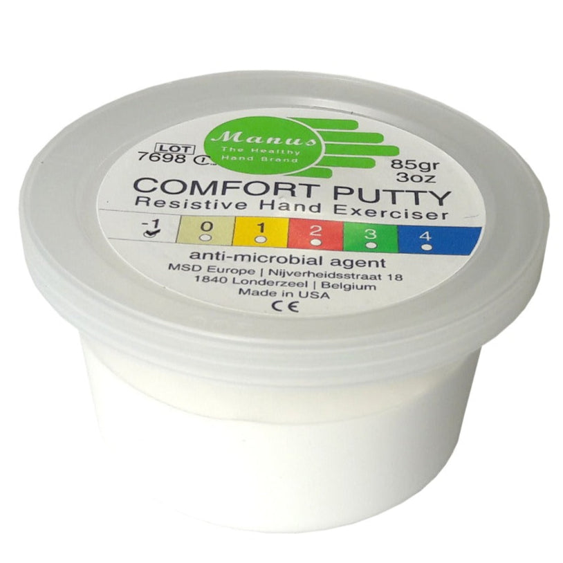 A container of Therapy Putty branded as 'Comfort Putty' by Manus, used ...
